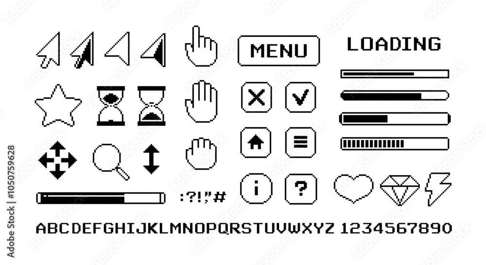 Vecteur Stock Pixel buttons and icons video game menu elements. Perfect ...