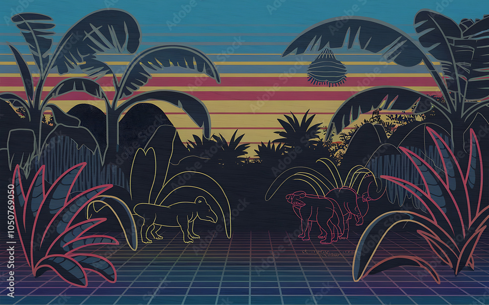 Retro style jungle scene with pink and blue animals on a grid ...