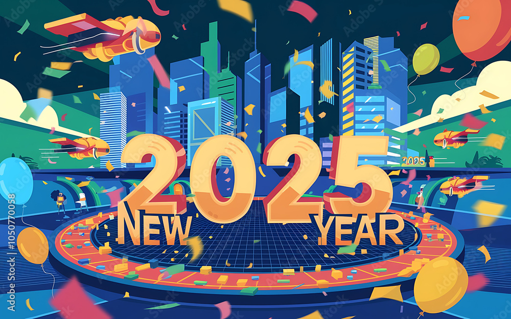 Golden 2025 New Year celebration in a futuristic city with confetti ...