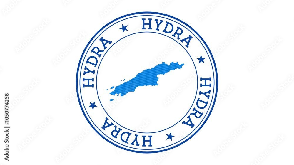 Hydra intro. Badge with the circular name and map of island. Hydra ...
