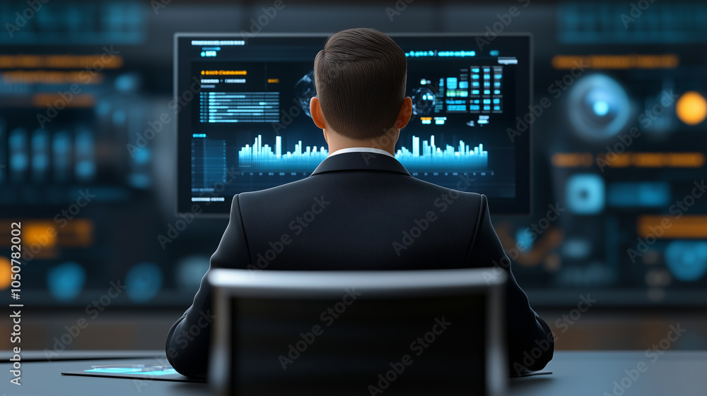 Futuristic CEO showcases holographic sales projections in a high-tech ...