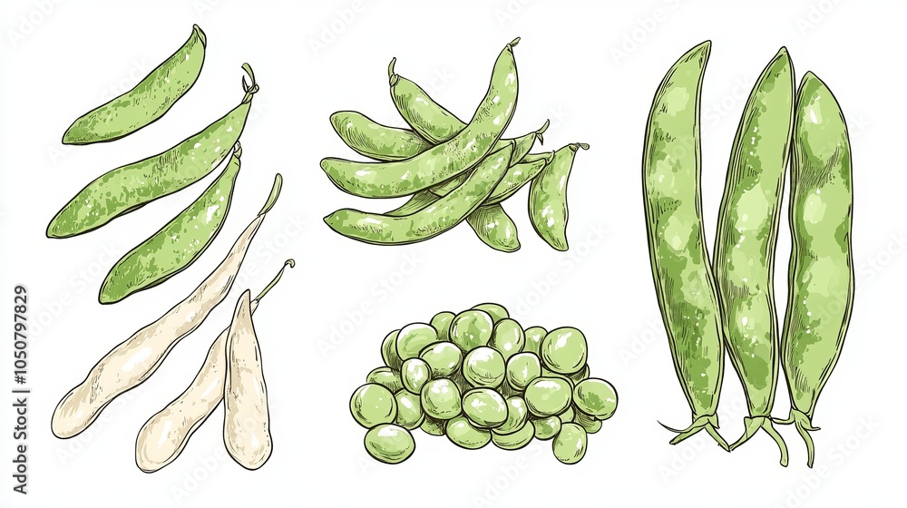 These are different types of beans: snow peas, edamame (soybeans ...