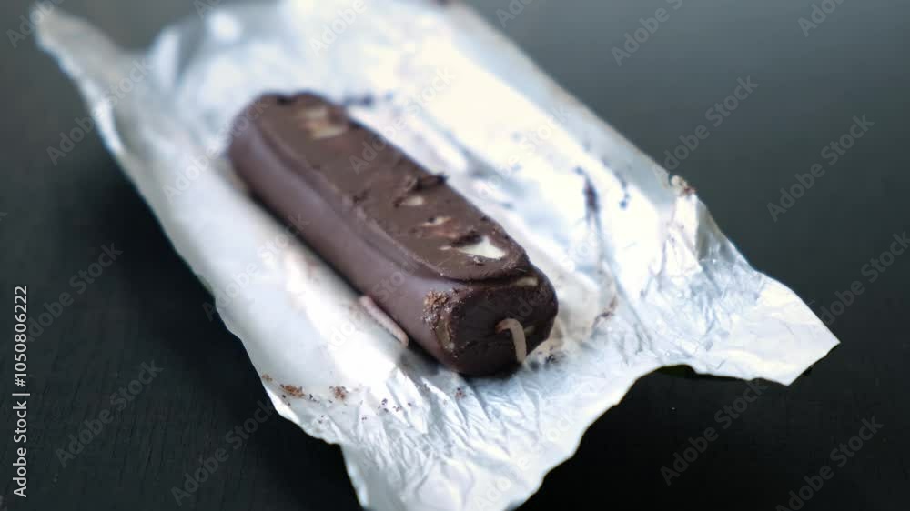 Worms crawls on chocolate candy. Crawling larvae and eggs laid on food ...