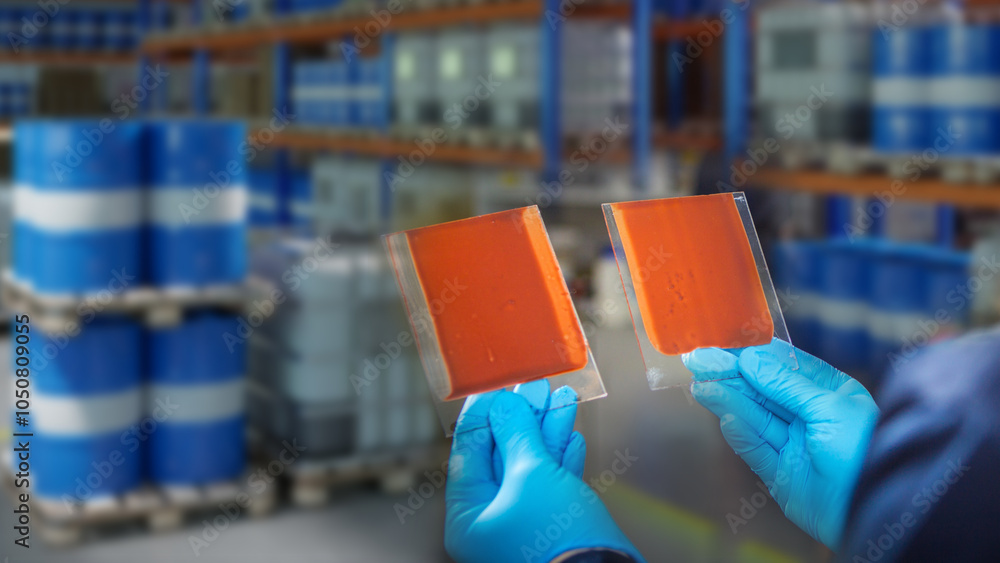 Testing oil for quality. Warehouse with barrels. Fuel samples in hands ...