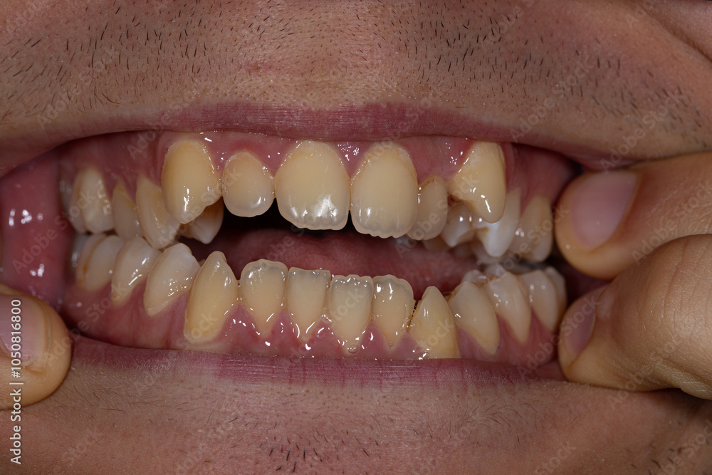 Poster A detailed look at misaligned dentition in an open mouth view ...
