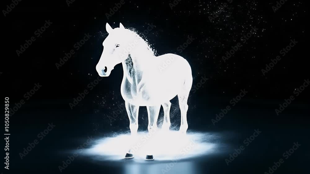 Detailed 3D animation rotating horse model rendered black background ...