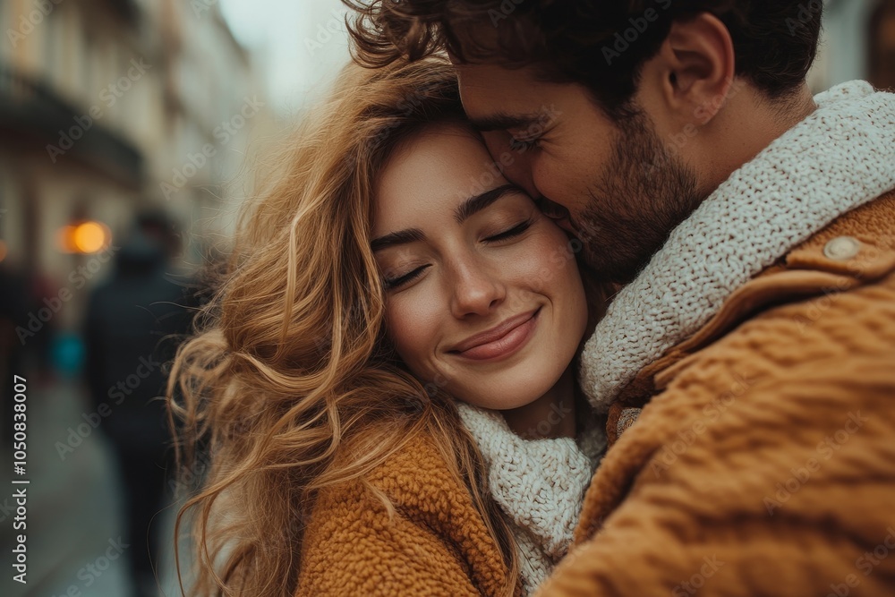 Affectionate woman embracing her partner on a city street, sharing a ...