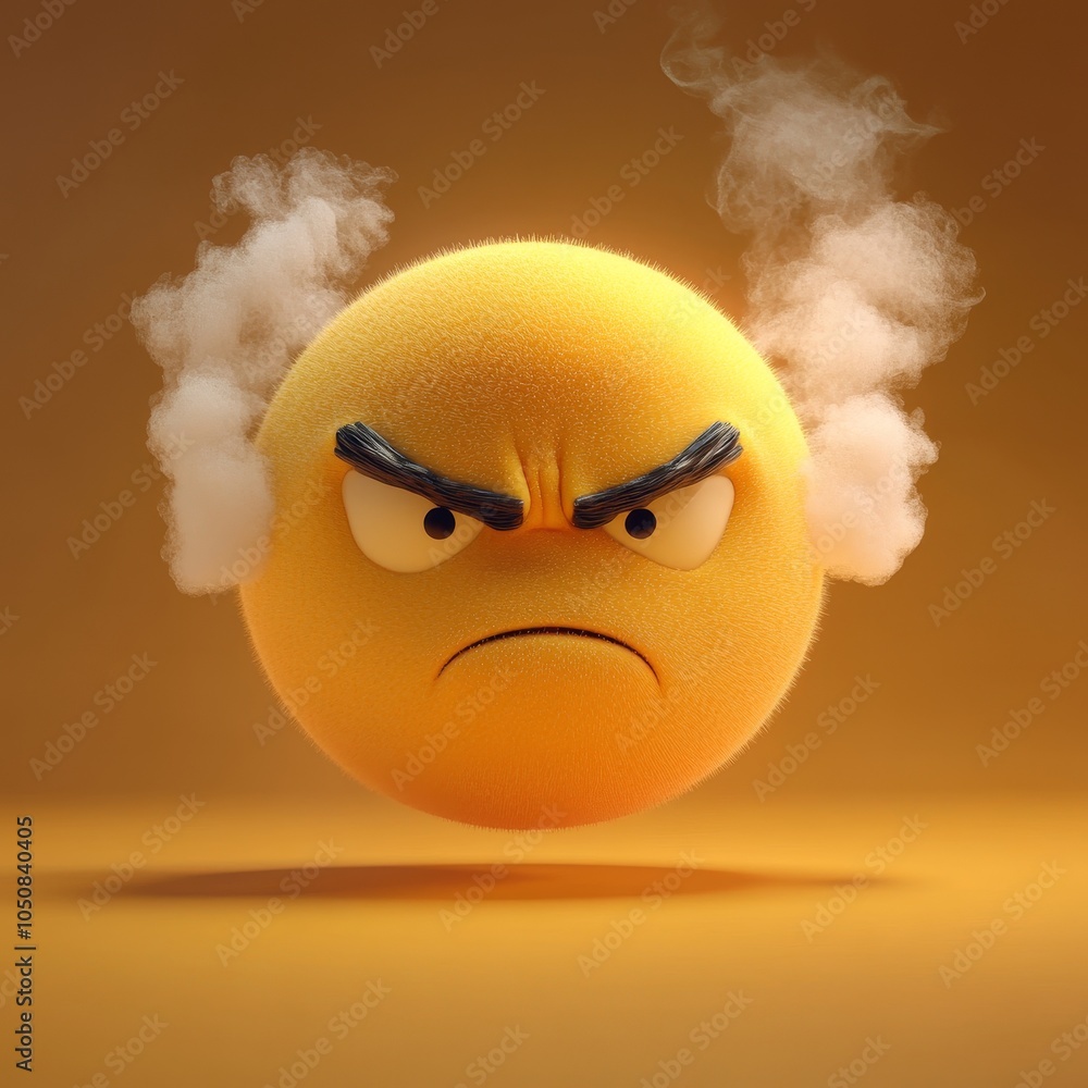 A 3D rendered angry emoticon, featuring a yellow round face with thick ...