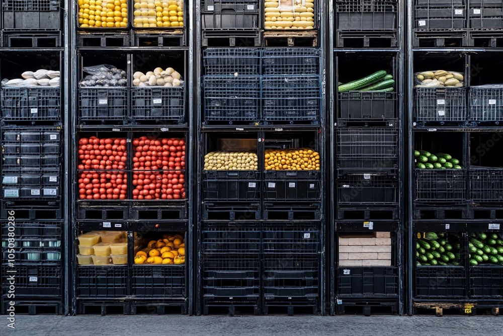 Fresh produce organized in black crates at a bustling market ...