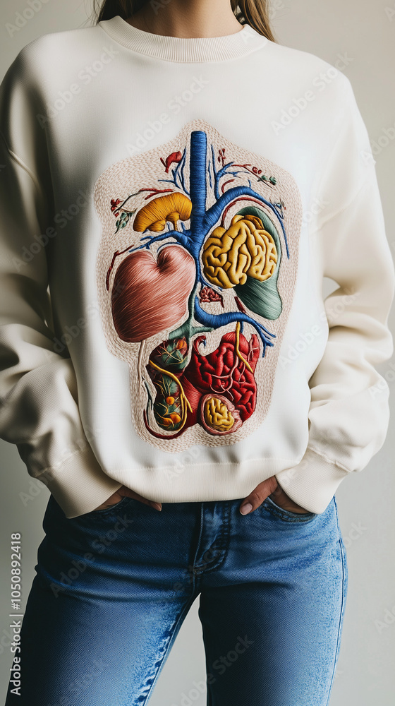 An embroidered sweater with an anatomical illustration of the human ...