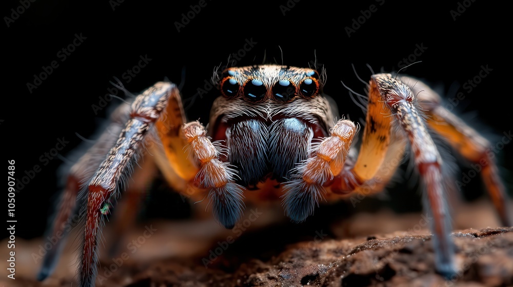 A detailed front-facing view of a fuzzy blue and orange spider ...