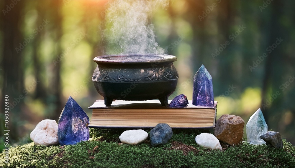 witch cauldron minerals and spell witch books in forest natural ...