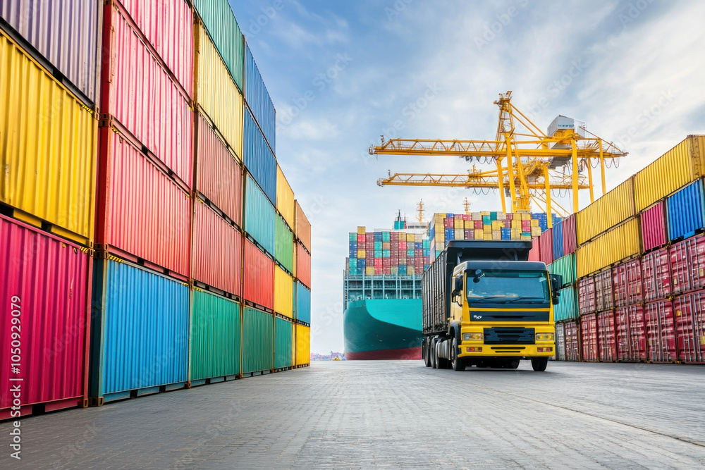 Truck parked in front of a container, loading cargo under a clear blue ...