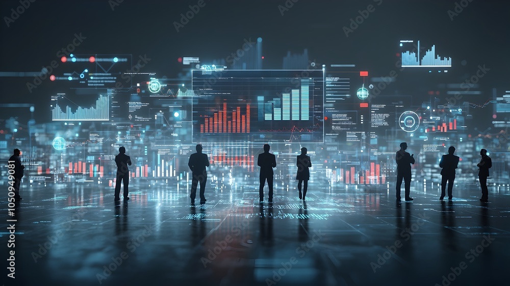 Silhouettes of people in a modern high tech environment surrounded by ...