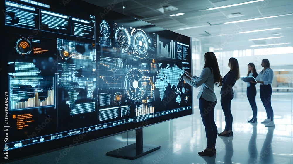 Silhouetted human forms interacting with holographic data ...