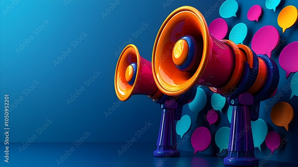 Powerful communication and information sharing concept represented by a group of 3D megaphones ...
