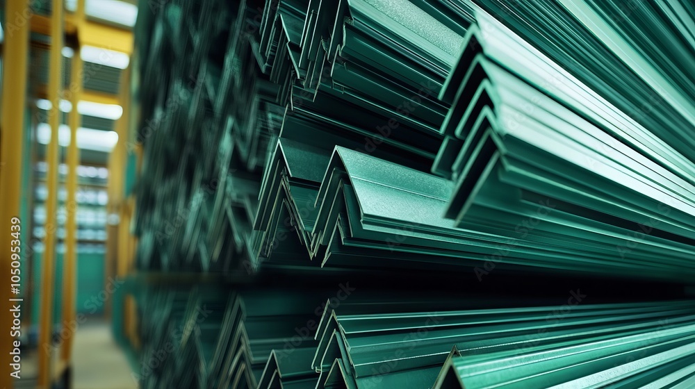 Bundled equal angle steel profiles stacked on racks within a metal ...