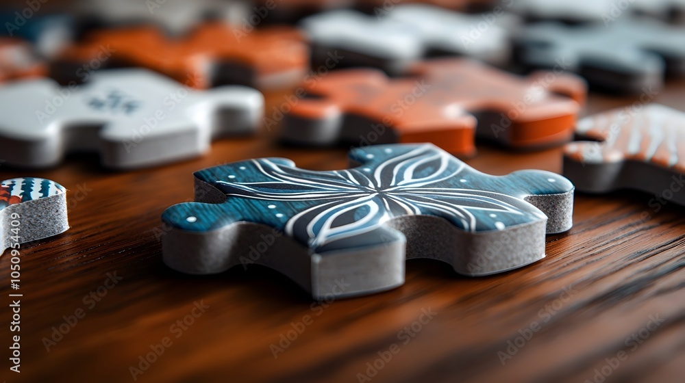 Colorful and abstract puzzle pieces in the process of assembling ...