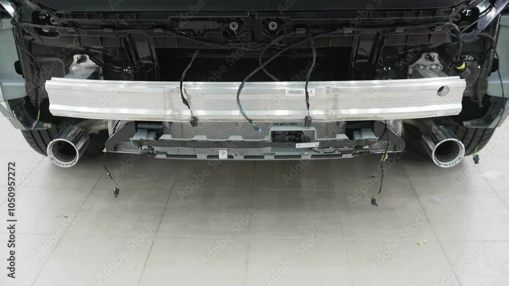 Manufacturing plant workers install a bumper on a car within an ...