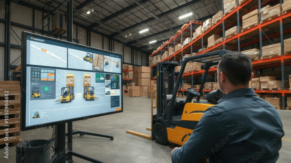 Warehouse manager monitors operations on a large screen in a storage ...