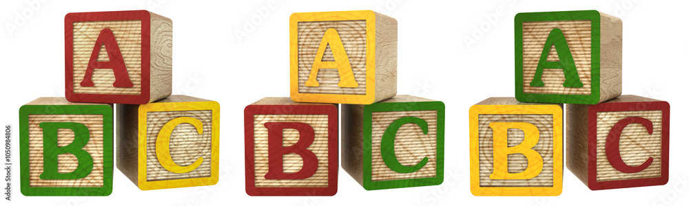 Poster 3D render A B C alphabet in colored wooden blocks with letters ...