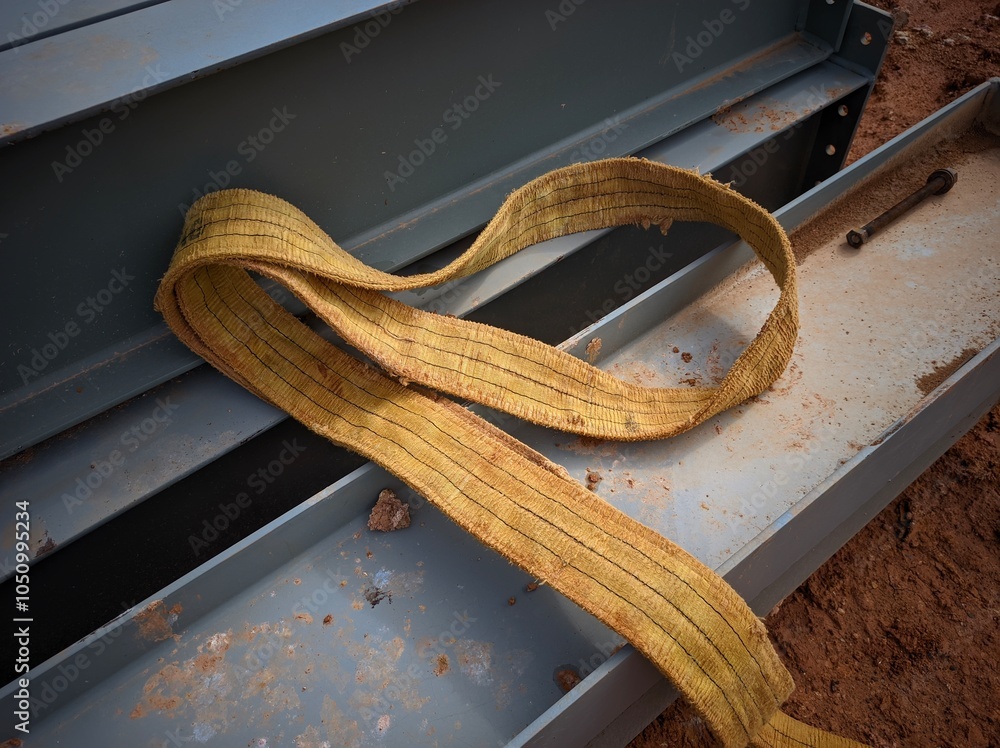 The image shows a yellow lifting strap resting on top of a large steel ...