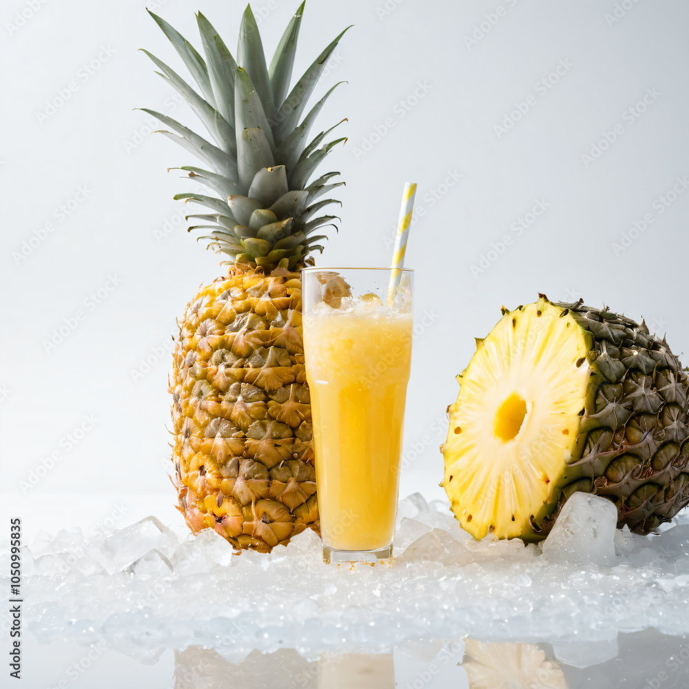 Refreshing Glass of Pineapple Juice with Halved Pineapple on Crushed ...