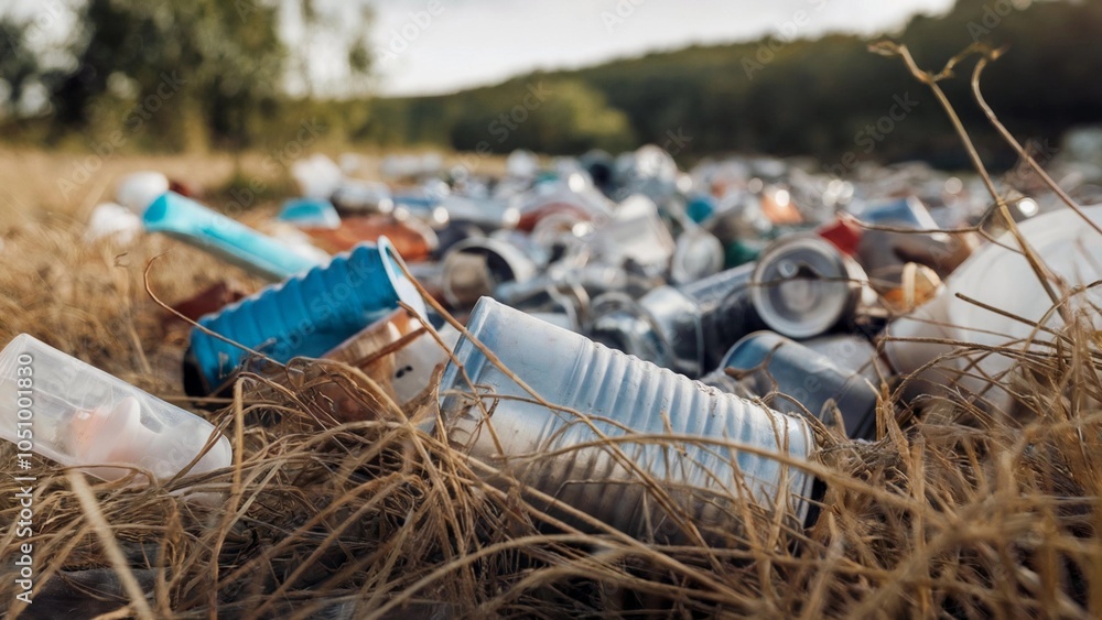 Plastic and Metal Waste Littered in Grass Field Environmental Impact ...