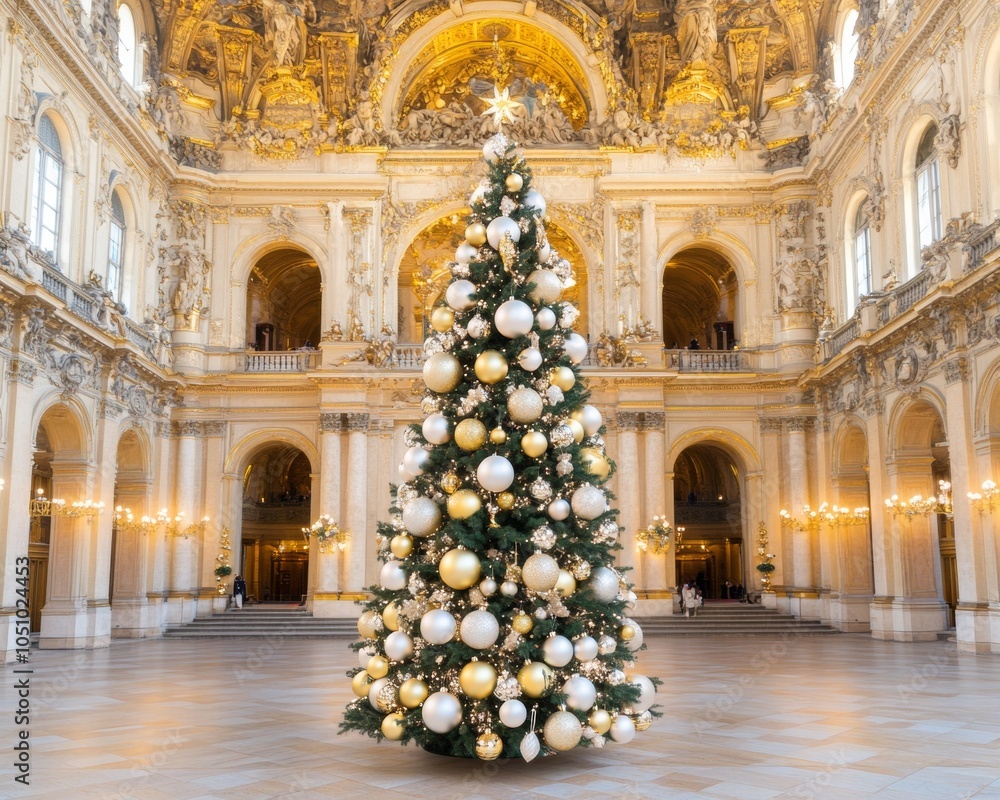 Christmas party in an elegant opera house tree with golden and silver ...