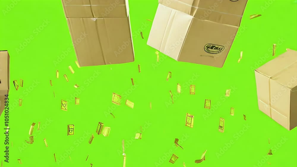 An engaging 3D animation depicting rain cargo boxes cascading green ...