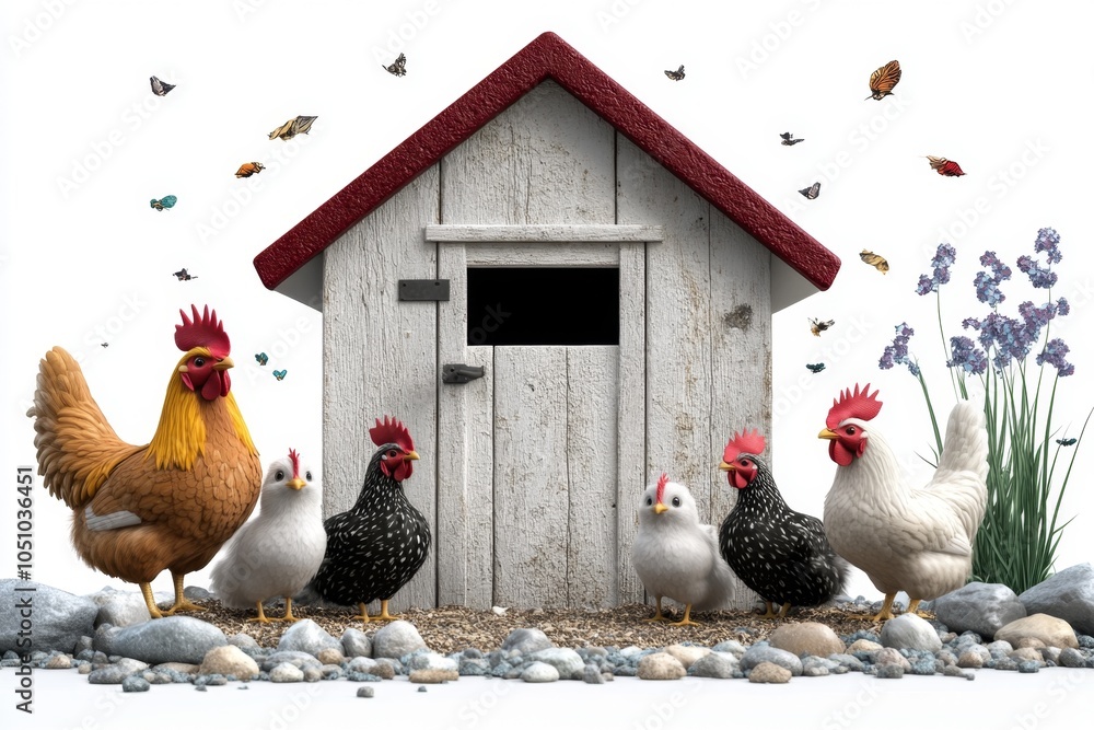 a 2D cartoon illustration of a chicken coop with hens and chicks farm ...