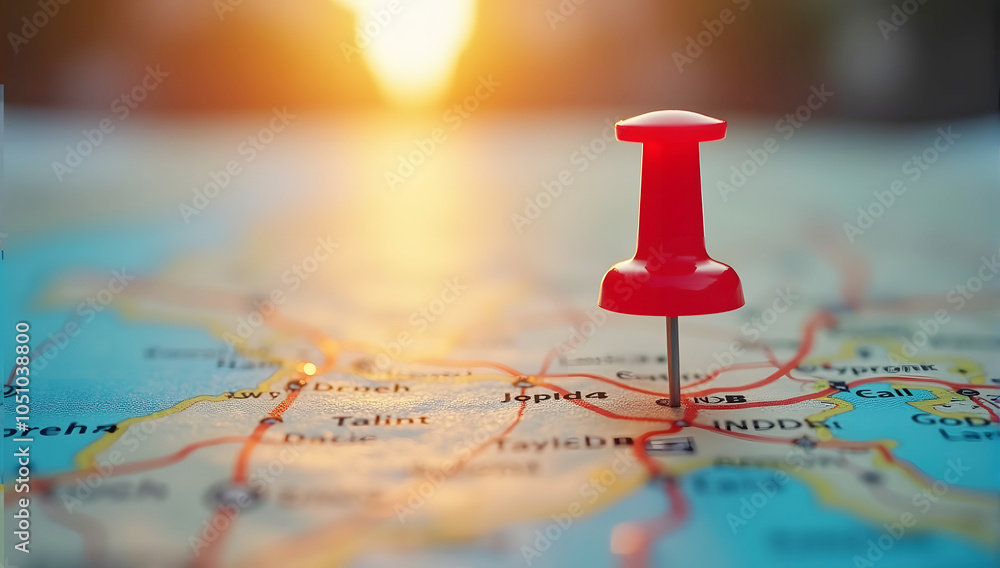 Map location marked with a pin, emphasizing navigation, red pushpin ...