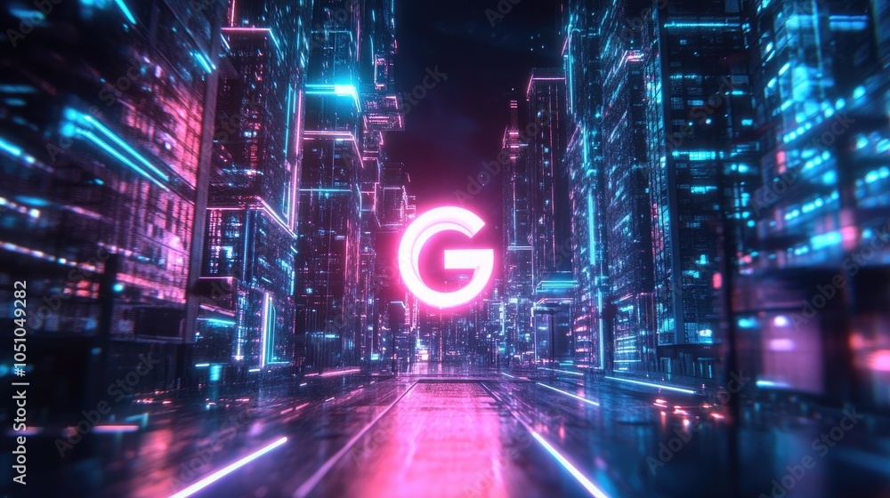Futuristic cityscape with neon lights and bold letter g in the center a ...