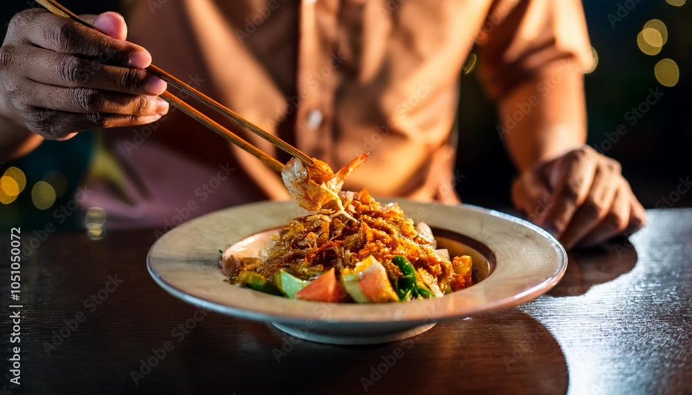 Faceless man eat Rojak in restaurant with bokeh background. Malaysian ...
