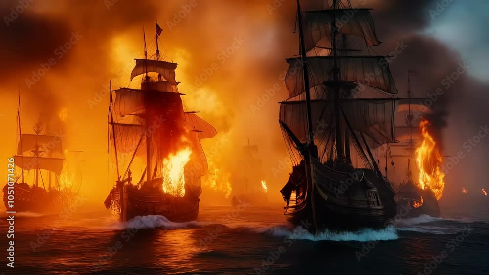 A sea battle involving sailing ships and galleons from the 16th century ...