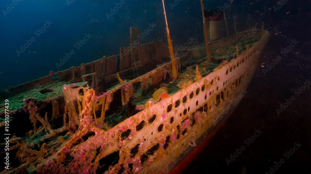 The Titanic's massive hull lies partially buried in sediment, covered ...