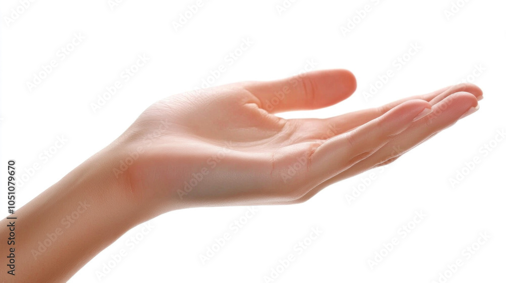 A hand is shown in a white background. The hand is open and extended ...
