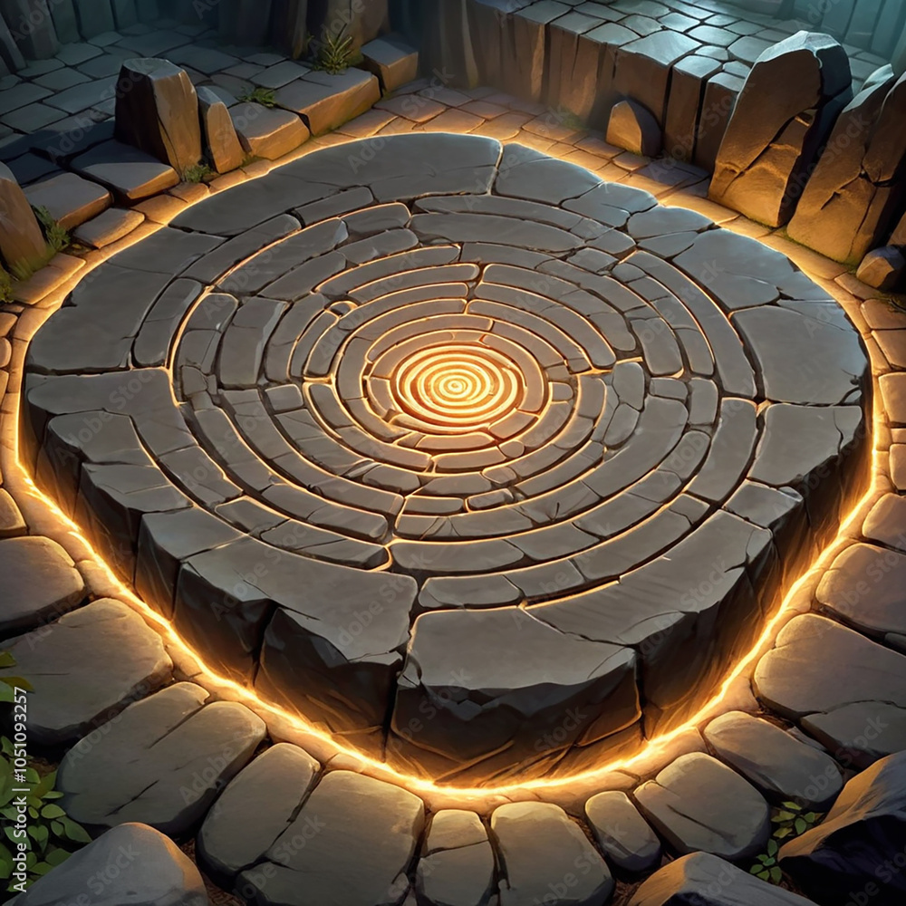 A circular stone platform with a glowing, concentric ring pattern in ...