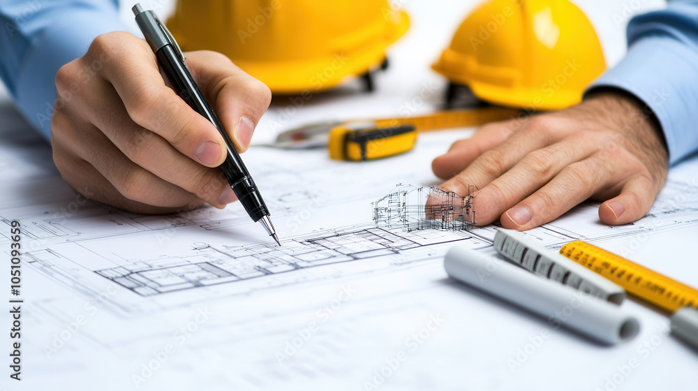 construction manager is focused on finalizing plans, using pen to ...