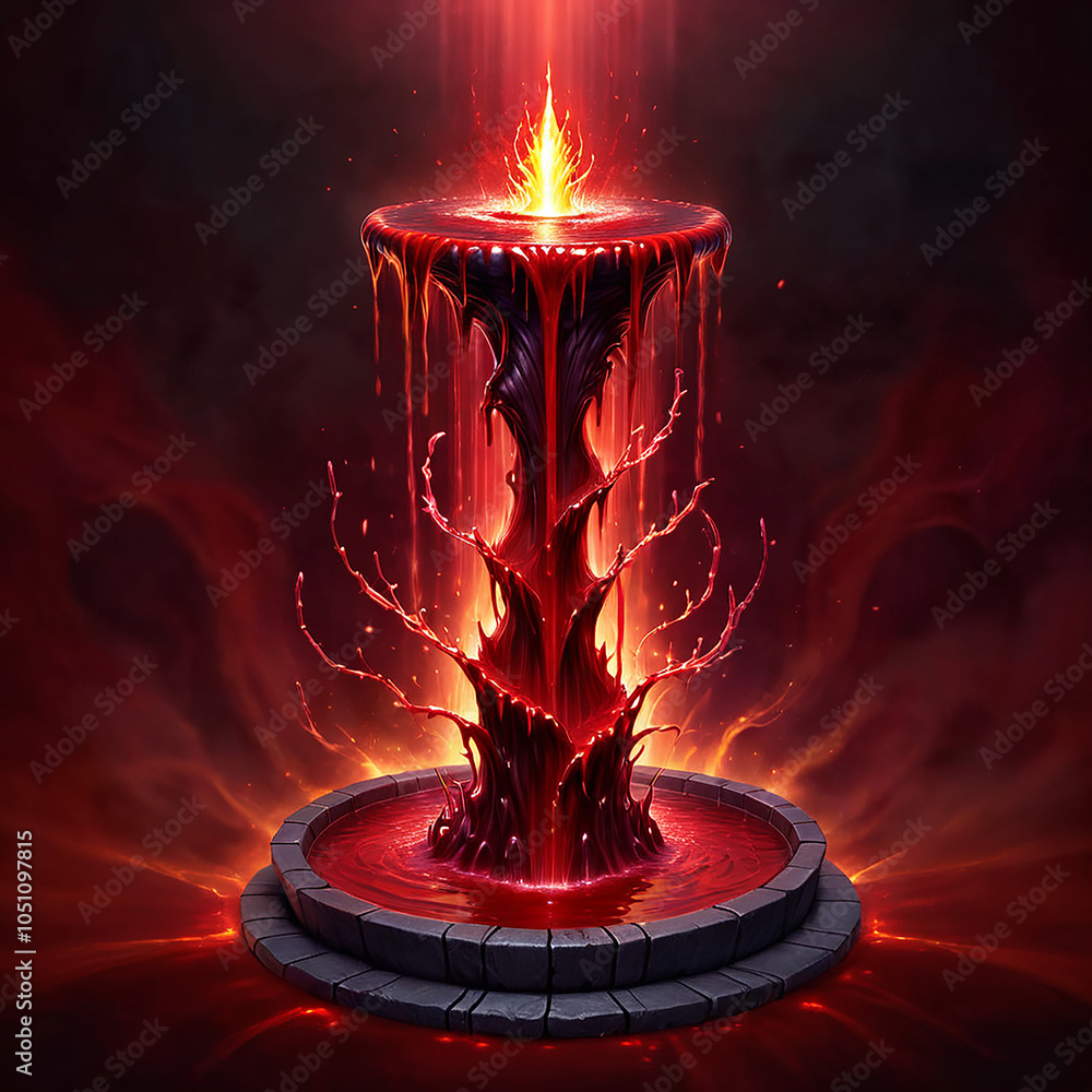 A stone altar with a pool of blood on top, a flame burning at its ...