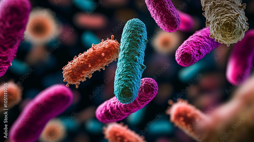 Colorful bacteria in a close-up view, showcasing various shapes and ...