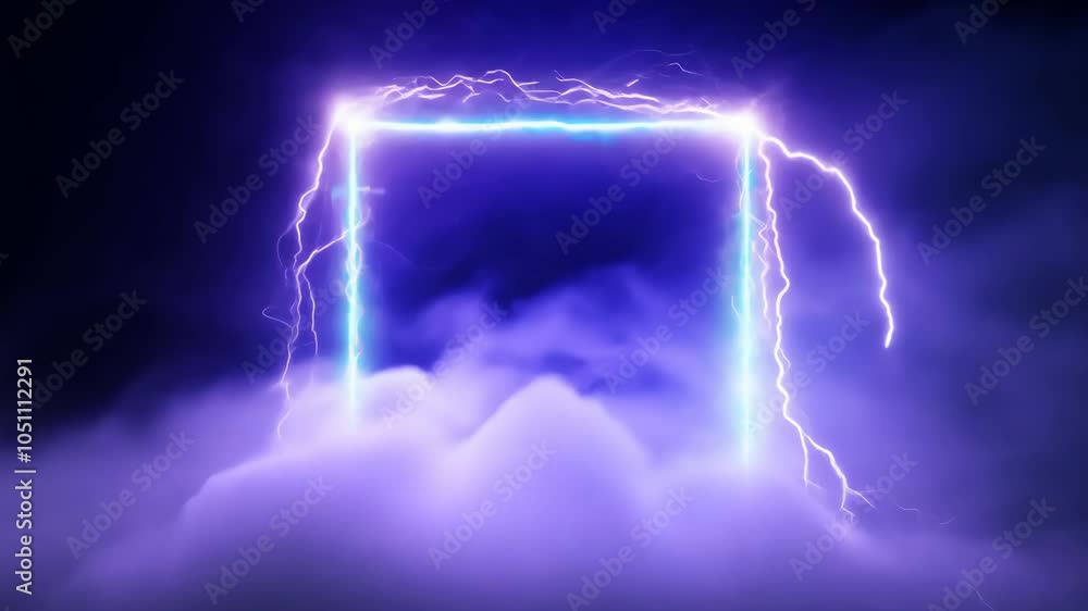 Blue lightning frame on black background. Neon rectangle design with ...