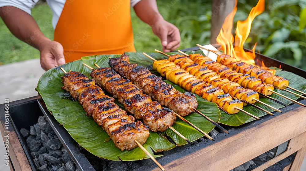 typical food of the jungle. charcoal grilled meat inside banana leaves ...