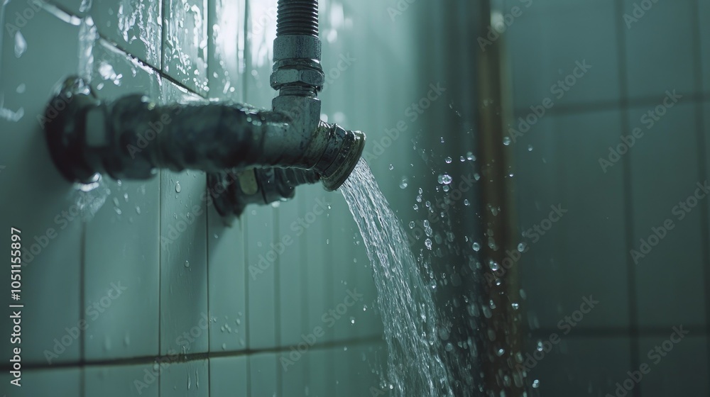 Zoomed-in shot of water dripping from a damaged pipe joint in a ...