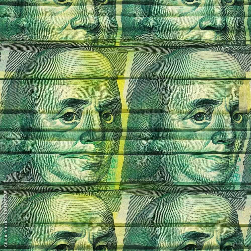 Close-up of repeating images of a US one hundred dollar bill, creating ...