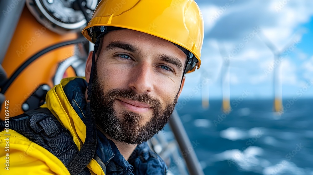 Offshore Wind Technician Wearing Yellow Reflective Jacket and Helmet ...