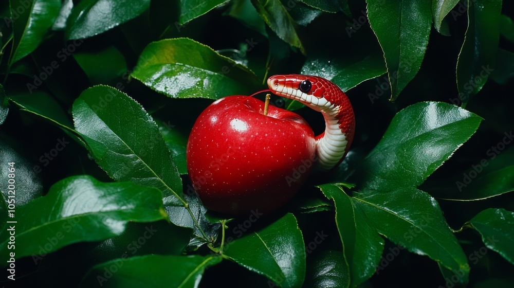 Snake with an apple fruit in its mouth. Forbidden fruit concept. Stock ...