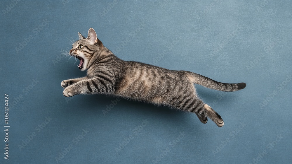 whimsical flying cat capture, tabby pattern clearly visible, dynamic ...