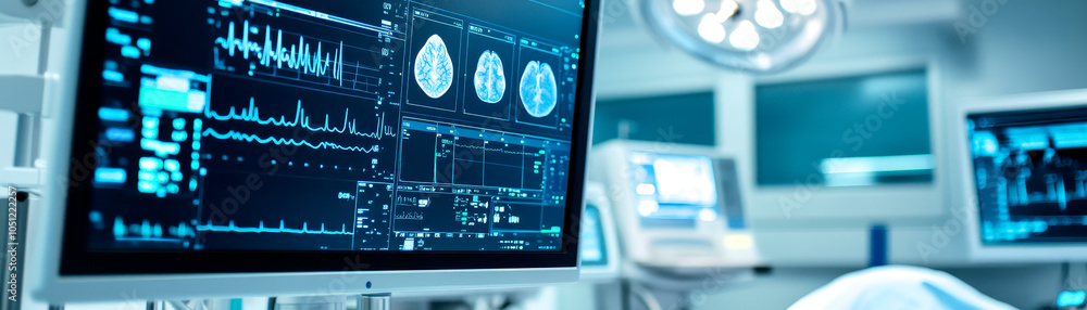 A close-up view of a medical monitor displaying vital signs and brain ...