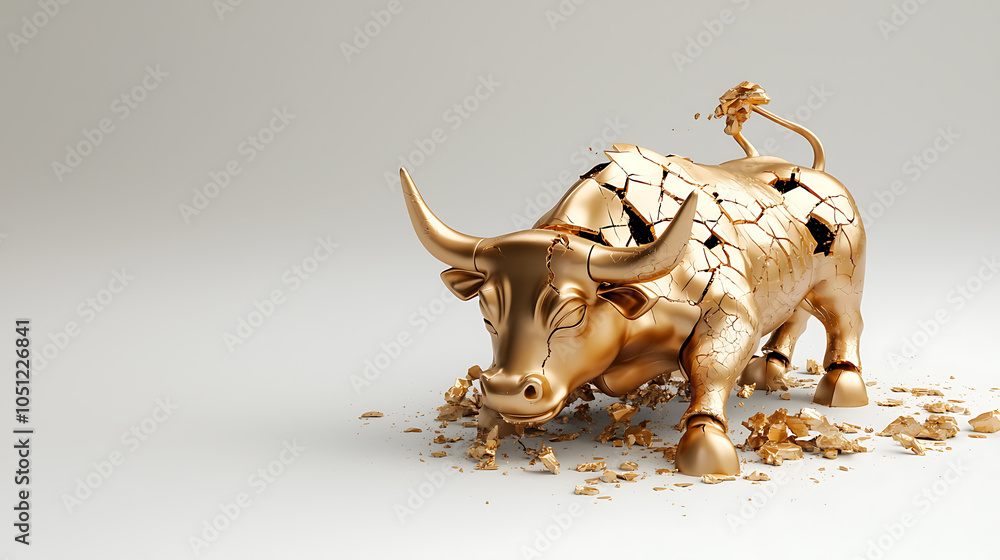 golden bull statue cracked and falling apart, symbolizing fragility and ...